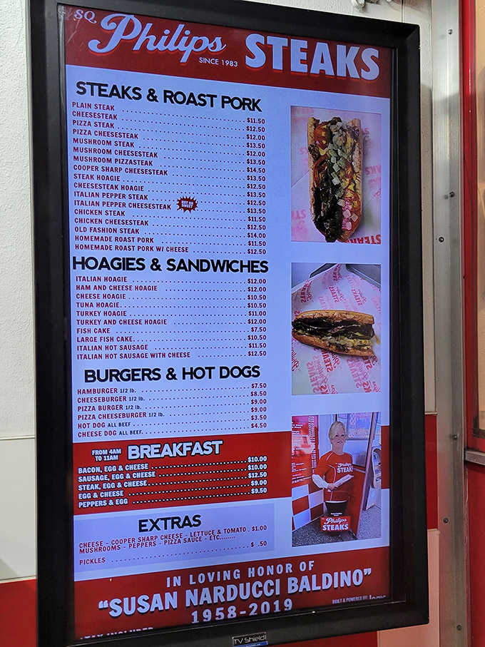 The menu board tells no lies—this is sandwich scripture. Note the loving tribute to Susan at the bottom, a reminder that food is family.
