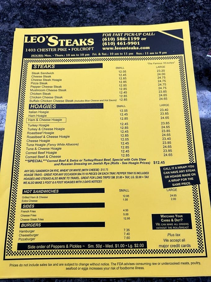 The yellow menu of happiness. Like finding the map to culinary treasure, Leo's offerings promise satisfaction whether you're team cheesesteak or hoagie devotee.