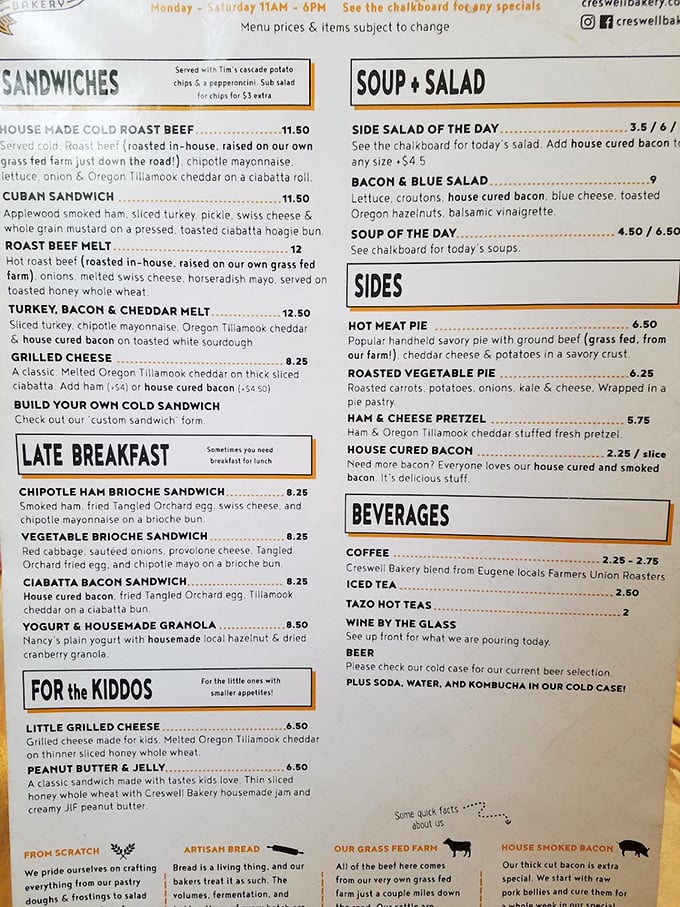 This menu isn't just a list of food—it's a love letter to Oregon ingredients. Notice how they raise their own grass-fed beef? That's commitment.