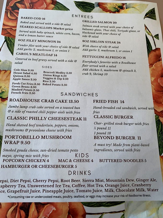 The menu reads like a love letter to comfort food classics, with Carol's Meatloaf taking center stage—proof that the best restaurants don't need fancy names for extraordinary dishes.