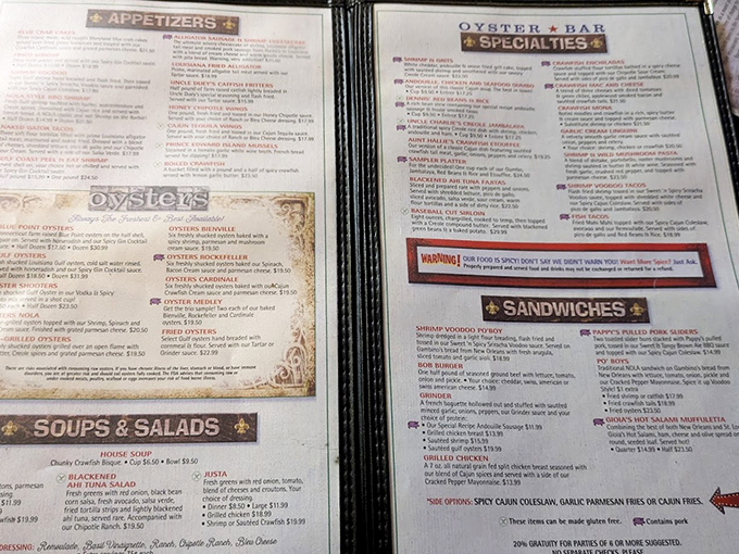 This menu isn't just a list—it's a treasure map. Each description promises a journey to flavor country with Cajun and Creole classics.