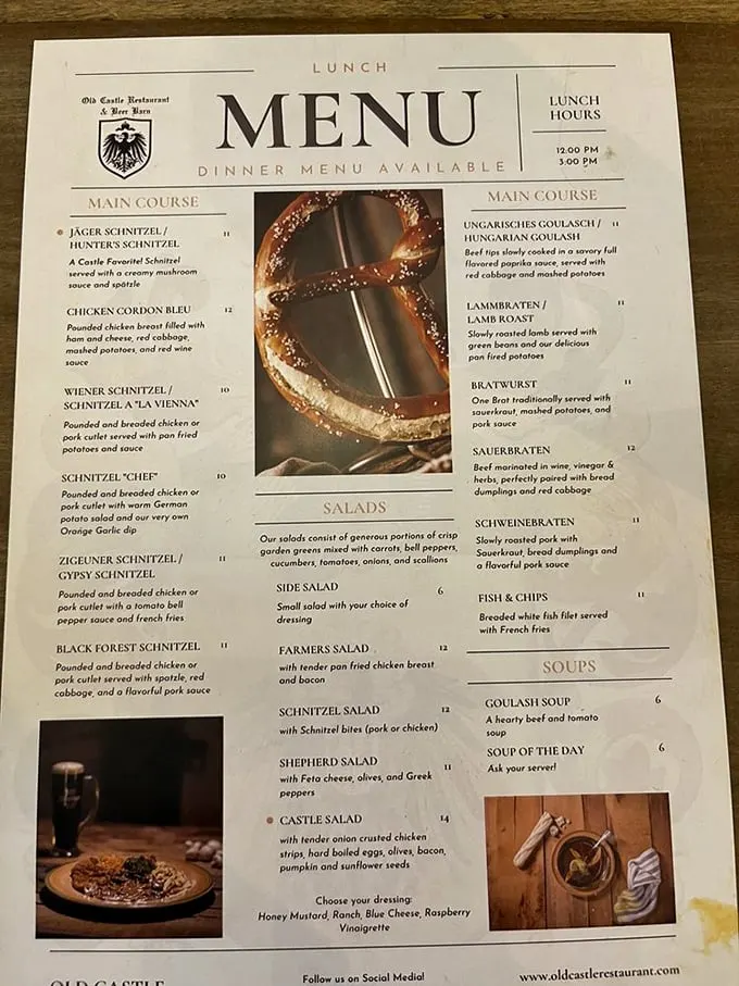A menu that reads like a love letter to German cuisine. Each description promises a culinary adventure that'll have you practicing your "Das ist gut!" between bites.