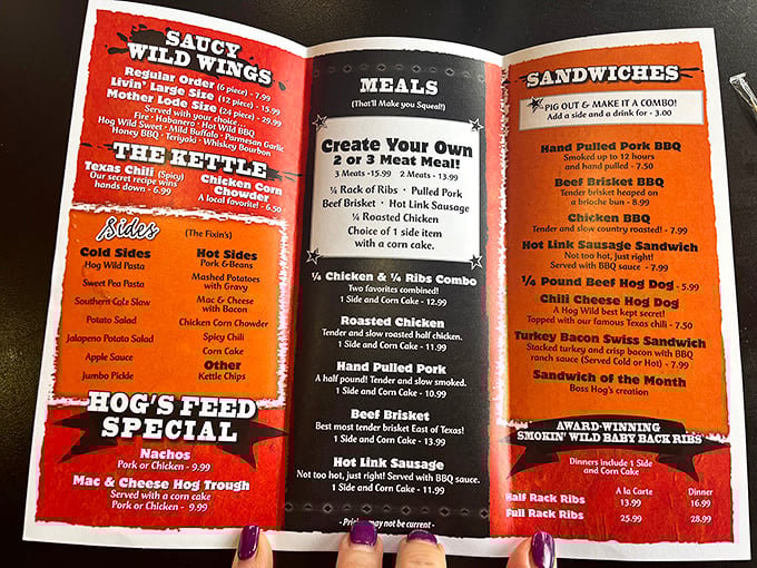 This menu isn't just a list of options; it's a roadmap to happiness with destinations like "Hand Pulled Pork" and "Award Winning Ribs."