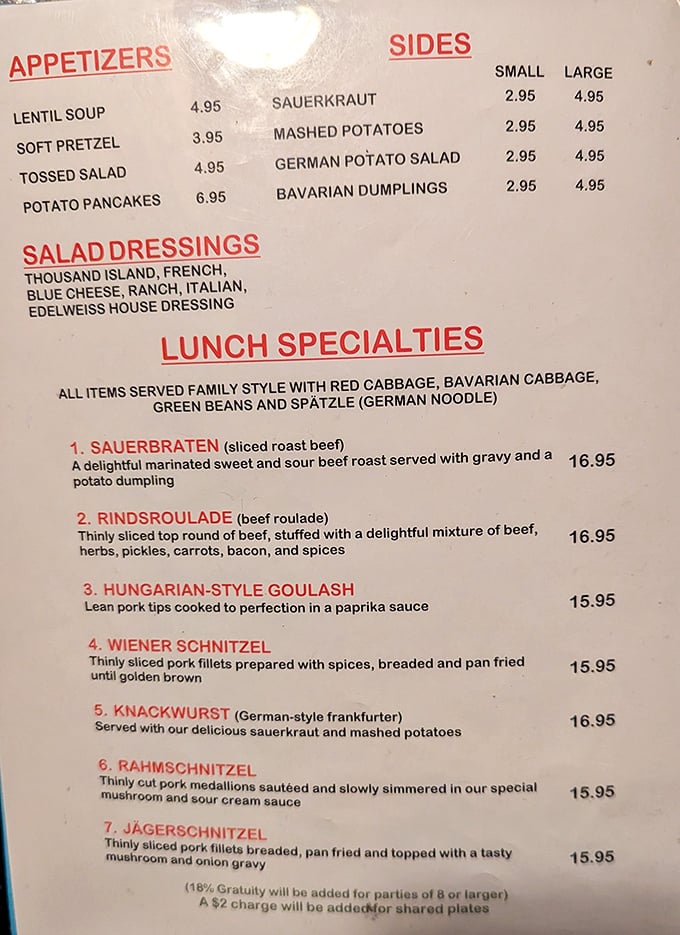 This menu isn't just a list of dishes—it's a passport to Deutschland. Each item promises a flavor journey that'll have you practicing your "wunderbar" between bites.