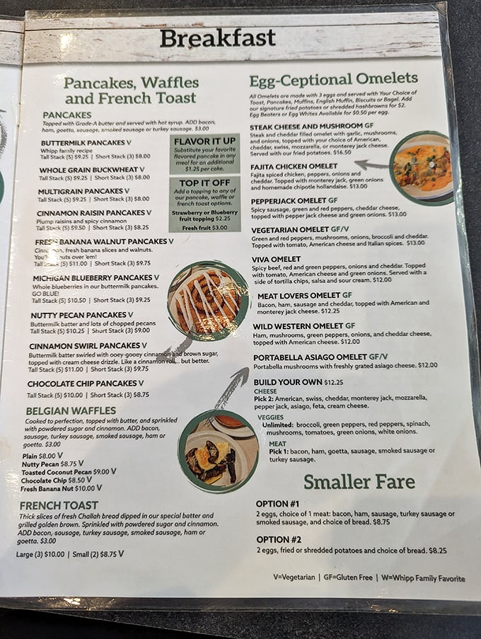 The menu reads like breakfast poetry – each description promising morning magic that makes hitting the snooze button a crime.