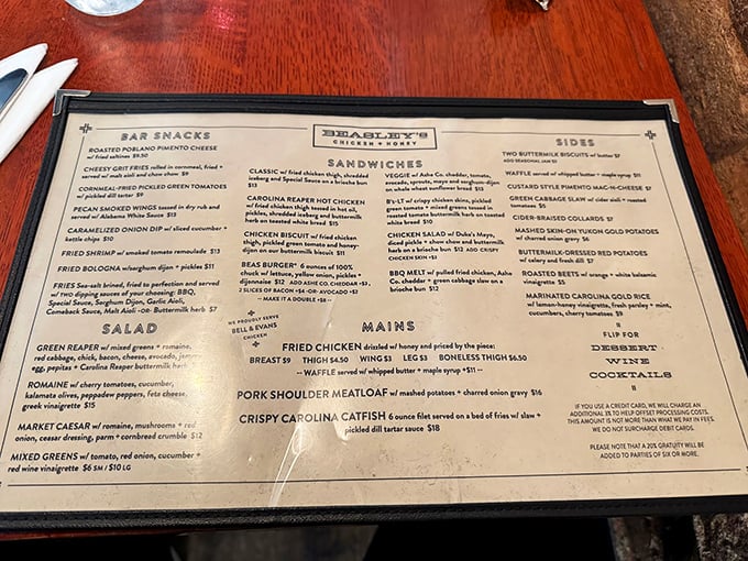 The menu reads like a love letter to Southern cuisine, with that famous honey-drizzled chicken taking center stage.