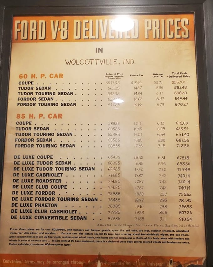This vintage Ford V8 price list isn't just decoration – it's a conversation starter that'll have you marveling at $567 cars while waiting for seconds.