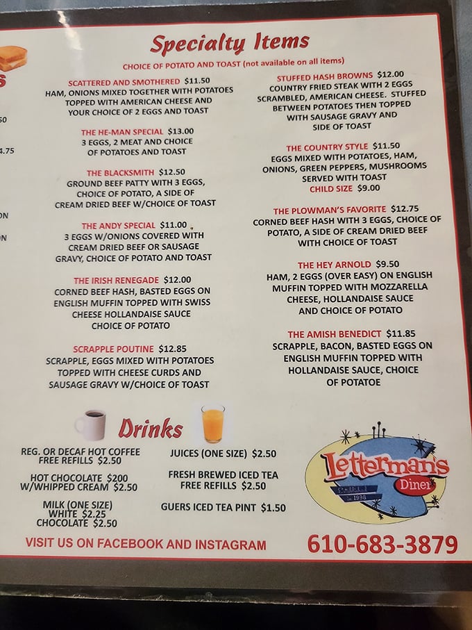 The menu reads like a love letter to breakfast, with specialties bearing names like "The Irish Renegade" and "The Blacksmith" promising hearty satisfaction.