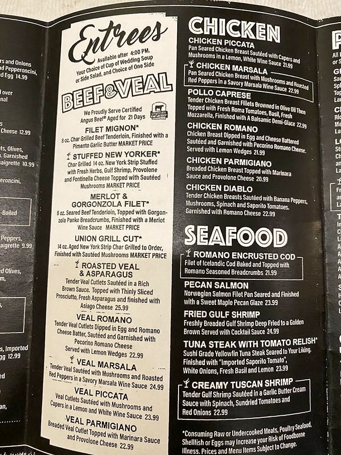 A menu that reads like a love letter to Italian-American cuisine. Each description promises a dish worth driving across county lines for.