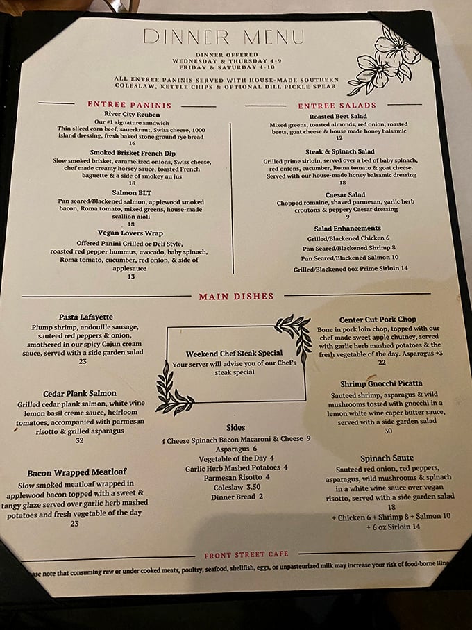 A menu that reads like a love letter to comfort food. From signature sandwiches to cedar plank salmon, each dish promises a memorable Ohio River dining adventure.