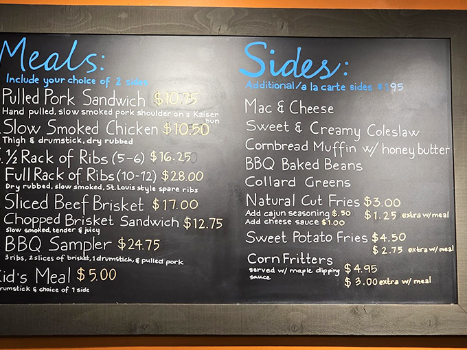 A chalkboard menu that reads like a love letter to carnivores. These aren't just meal options—they're life decisions that'll haunt your dreams.