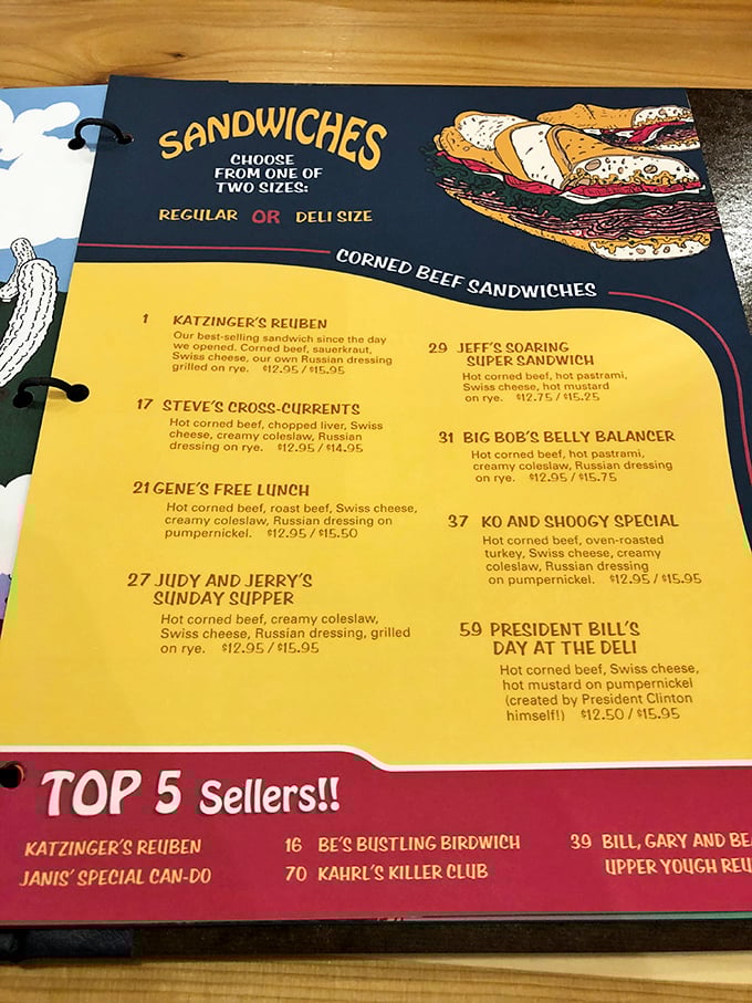 The menu reads like a novel where every character is delicious. Notice the Reuben sits proudly at #1—a bestseller since day one for good reason.