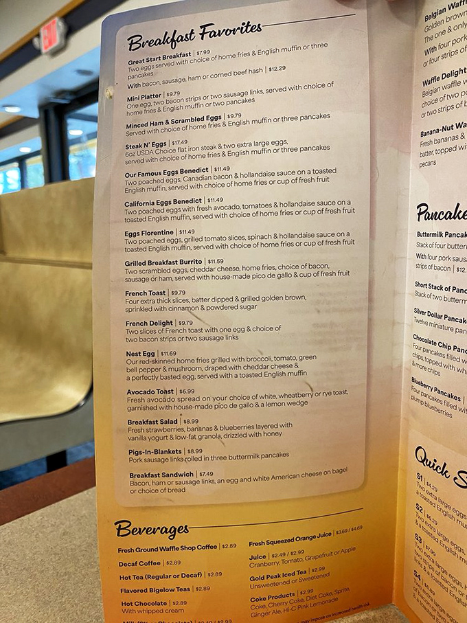 A menu that reads like poetry to hungry souls. No pretentious descriptions here—just straightforward breakfast classics executed with the precision of breakfast artisans.