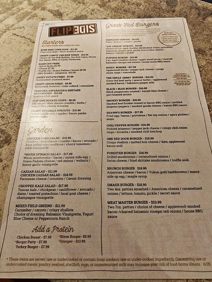 Not just a menu—a roadmap to flavor paradise. From grass-fed burgers to that legendary brisket, each description is a promise of deliciousness to come.