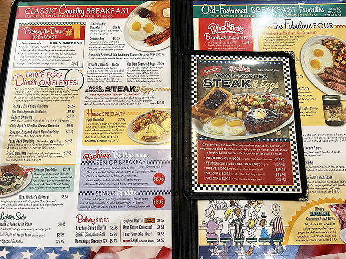 This menu isn't just reading material—it's a roadmap to happiness. The "Pride of the Diner" breakfast isn't bragging if it's true.