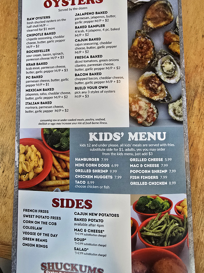 This menu isn't just a list—it's a treasure map. Each oyster variation promises a different adventure, from jalapeño heat to bacon-infused bliss.