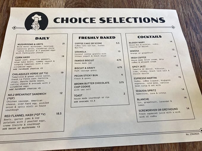 This isn't just a menu – it's a roadmap to breakfast nirvana. The "Choice Selections" might as well be titled "Ways to Make Your Morning Spectacular."