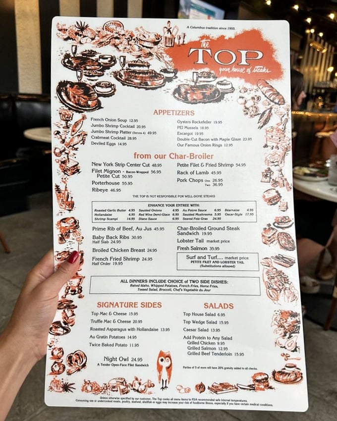 A menu that doesn't need smartphone-sized fonts or QR codes—just classic steakhouse fare that's stood the test of time while food fads have come and gone.