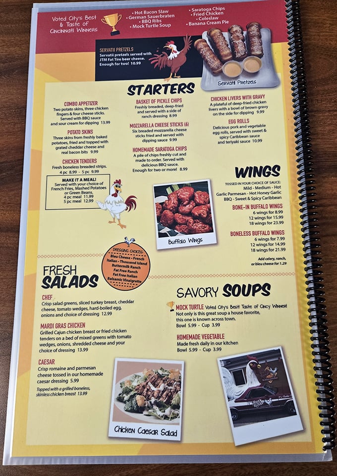 This isn't just a menu—it's a roadmap to happiness. The rooster illustrations aren't just cute; they're pointing you toward your next food coma.