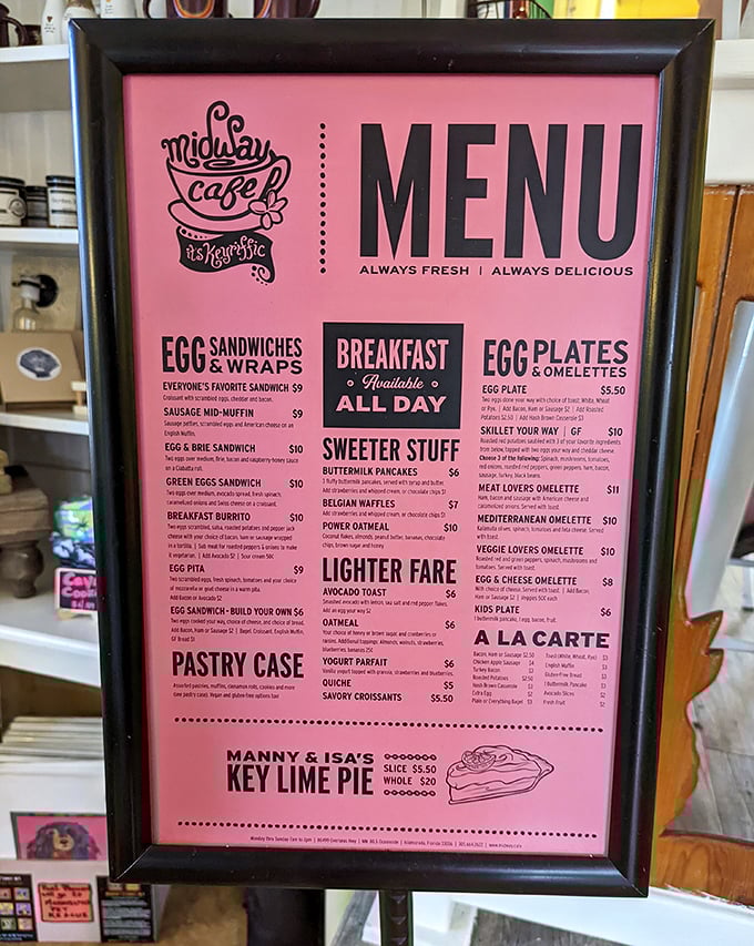 The pink menu board reads like a love letter to breakfast, with "available all day" being the three most beautiful words in the English language.