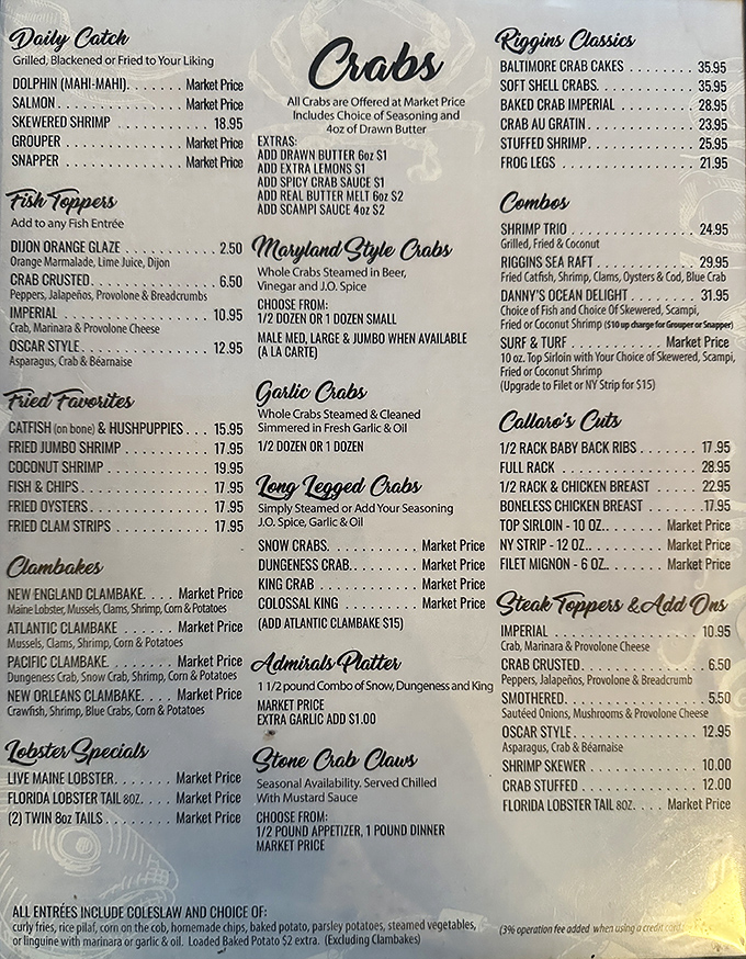 This menu isn't just a list of options—it's a maritime treasure map where X marks the spot for Maryland-style blue crabs and seafood glory.