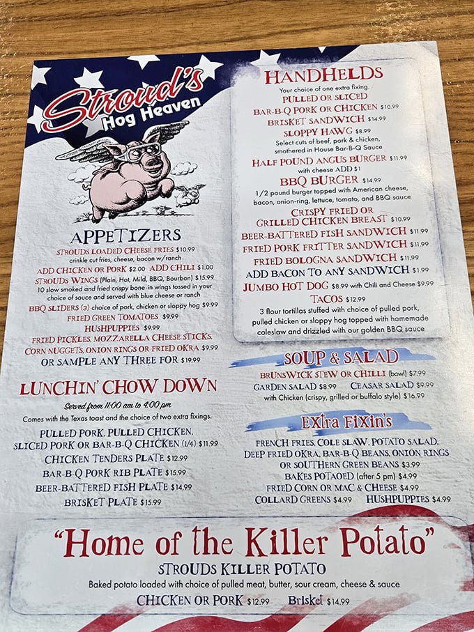 The menu reads like a love letter to smoked meat enthusiasts. That "Killer Potato" isn't just a side dish—it's a culinary mission statement.