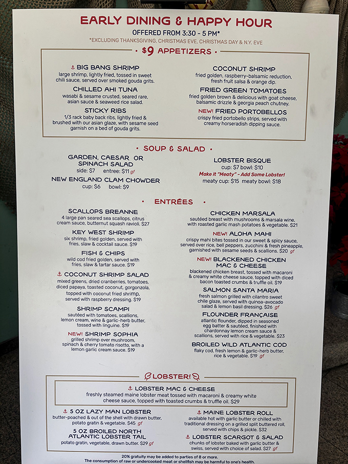 This menu isn't just a list of dishes—it's a maritime treasure map where X marks the spot for lobster perfection.