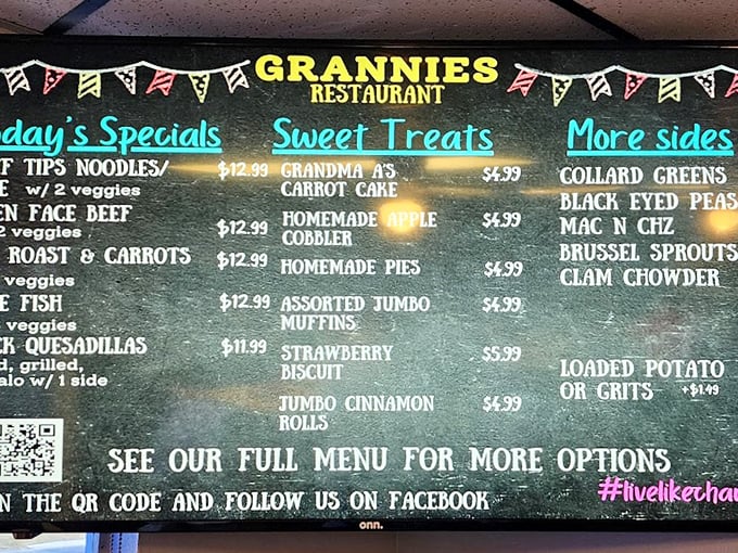 A menu board that reads like a love letter to comfort food. Grandma A's carrot cake alone is worth the drive to Crystal River.