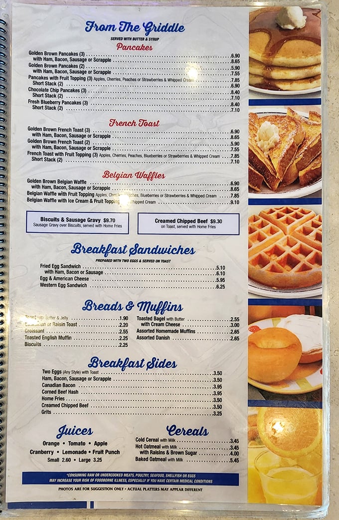 The breakfast menu reads like poetry to the hungry soul—pancakes, French toast, and waffles competing for your morning affection.