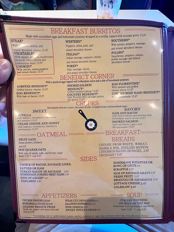 This menu isn't just reading material—it's a roadmap to breakfast nirvana. Benedict Corner alone deserves its own zip code.