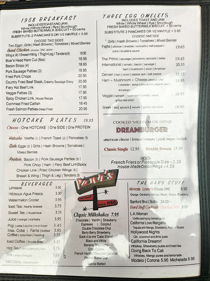 This menu isn't just a list of dishes—it's a historical document of American comfort food classics that have stood the test of time.