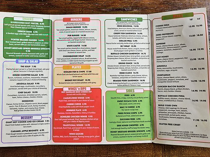 This menu isn't just a list of food – it's a roadmap to happiness. The burger section alone could make a vegetarian reconsider.
