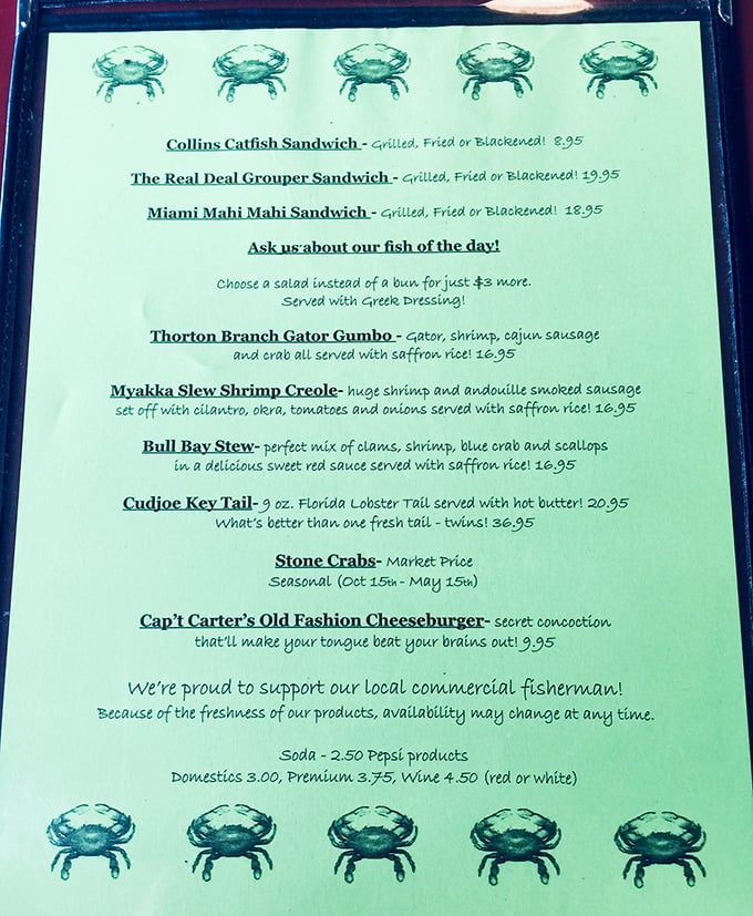 A menu that reads like a love letter to Florida's waters. The crab illustrations aren't just cute—they're a promise of what's to come.