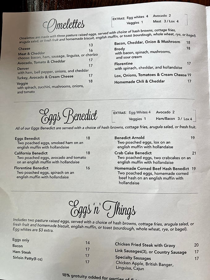 The menu reads like a love letter to breakfast classics. Notice the chicken fried steak hiding modestly among the "Eggs n' Things" – don't be fooled by its humble placement.