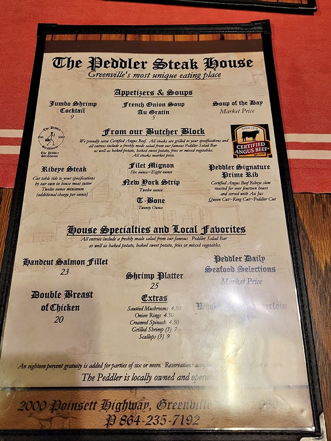 A menu that speaks the universal language of "you're about to have the meal of your life." The butcher block section isn't just a list—it's a roadmap to happiness.