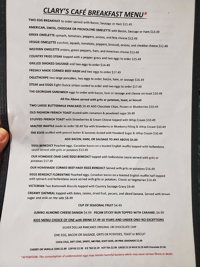 This menu reads like a love letter to Southern breakfast traditions, featuring everything from fluffy pancakes to hearty omelets.