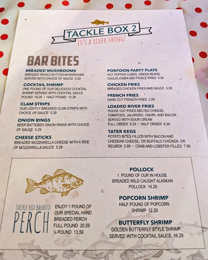 This menu isn't just a list of food—it's a treasure map to riverside happiness. The "It's a River Thing!" slogan says it all.