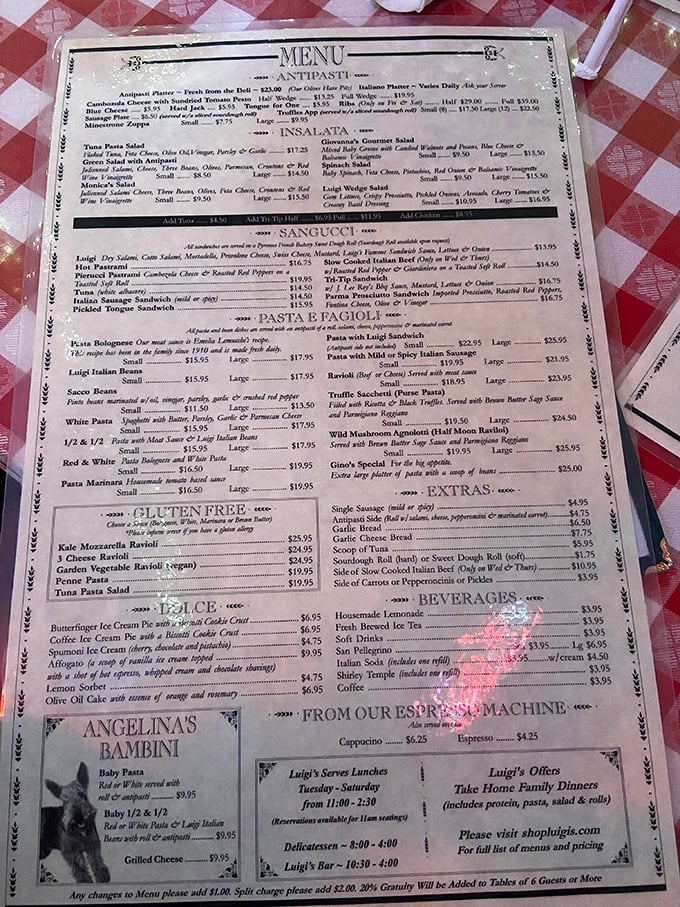 The menu at Luigi's reads like a love letter to Italian-American cuisine—"Sangucchi" section alone could solve any sandwich emergency.