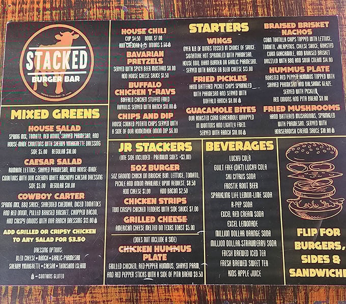 This menu isn't just a list—it's a roadmap to happiness. The hardest part is choosing just one burger adventure.