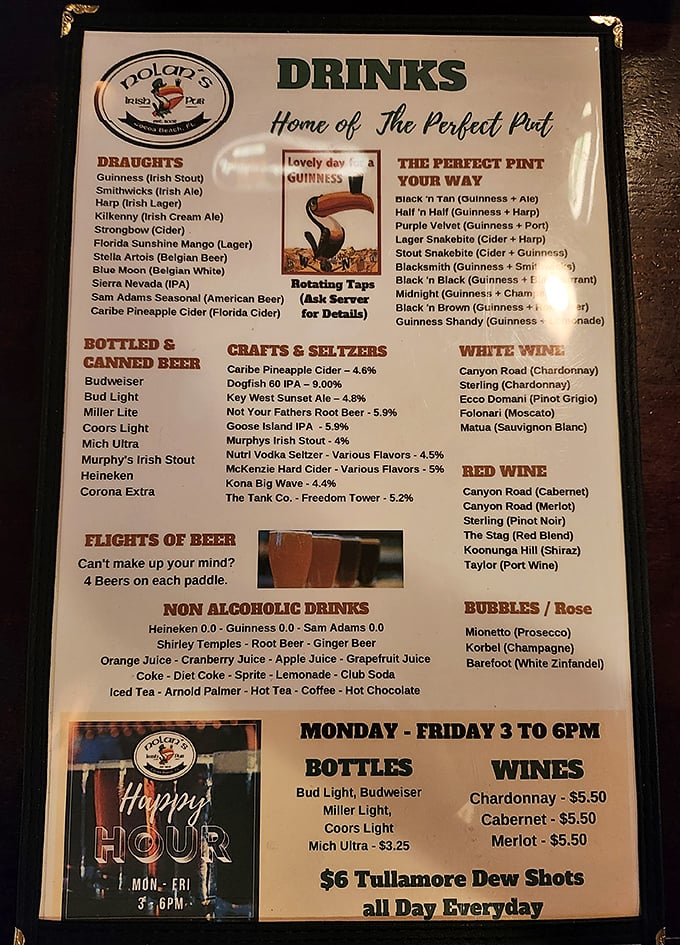 "Home of The Perfect Pint" isn't just a slogan—it's a mission statement. This drinks menu offers everything from traditional Irish stouts to Florida sunshine in a glass.