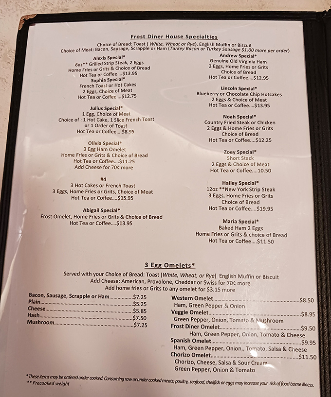 This menu isn't just a list of food—it's a roadmap to happiness, with each "special" named after someone who clearly knew their way around a good breakfast.