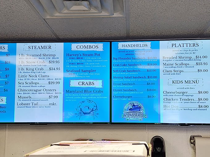 The menu board tells you everything you need to know—this is a place that speaks the language of Maryland seafood fluently.