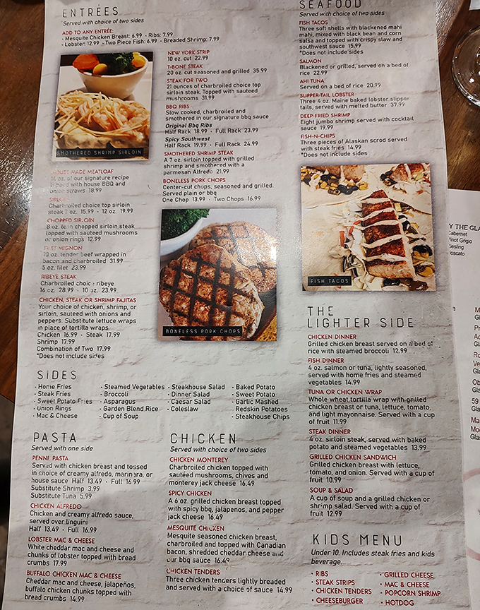 A menu that doesn't need gimmicks—just honest offerings of perfectly prepared proteins and sides that make decision-making the hardest part of your evening.