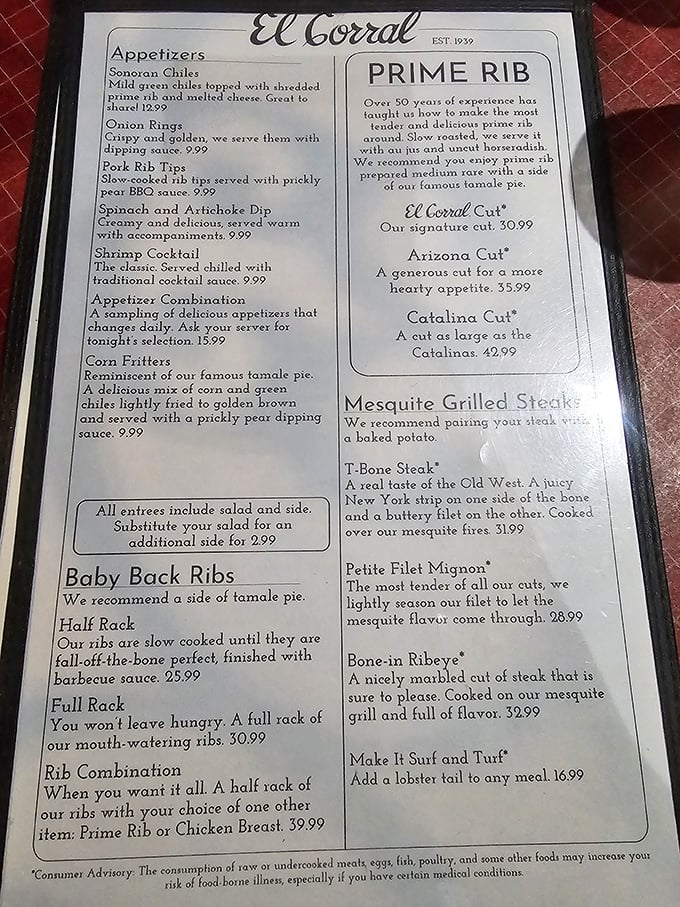 The menu reads like a love letter to carnivores—notice how they dedicate an entire section to prime rib? That's commitment to a craft.