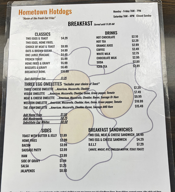 This isn't just a menu—it's a roadmap to happiness, with breakfast classics and comfort food that speak the universal language of satisfaction.