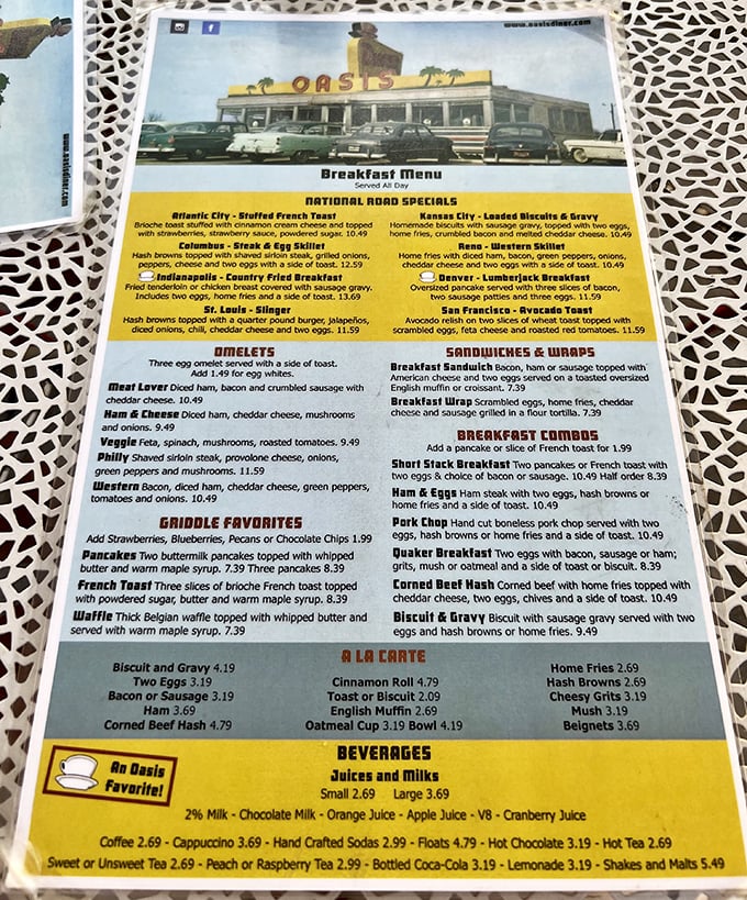 This isn't just a menu—it's a roadmap to happiness. The "National Road Specials" pay homage to the historic highway where comfort food reigns supreme.