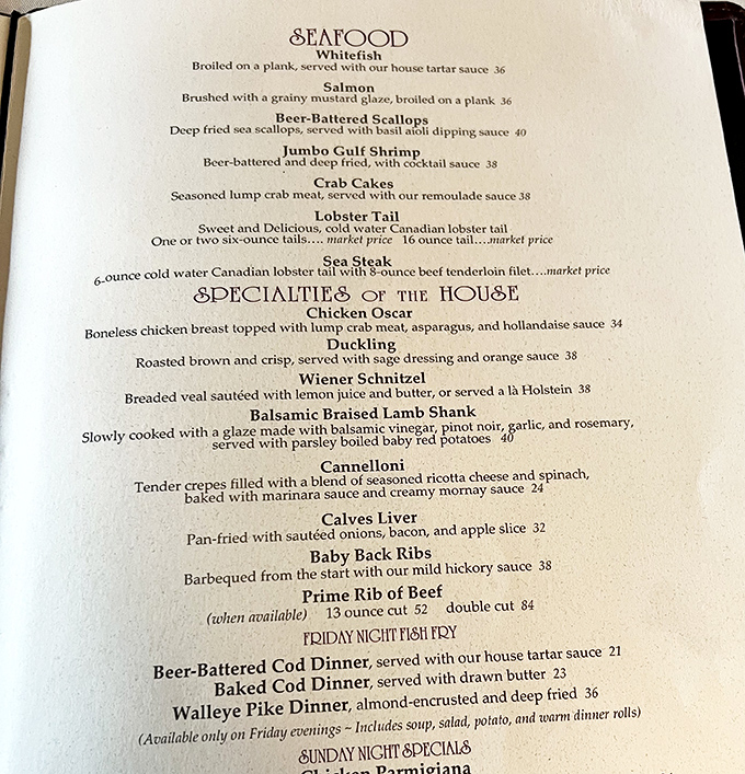 This isn't just a menu—it's a roadmap to happiness. From Wiener Schnitzel to Prime Rib, each item represents decades of perfected recipes.