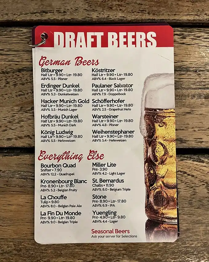 This beer menu isn't just a list—it's a passport to Germany's finest brews, from crisp pilsners to rich dunkels. Adventure by the pint!