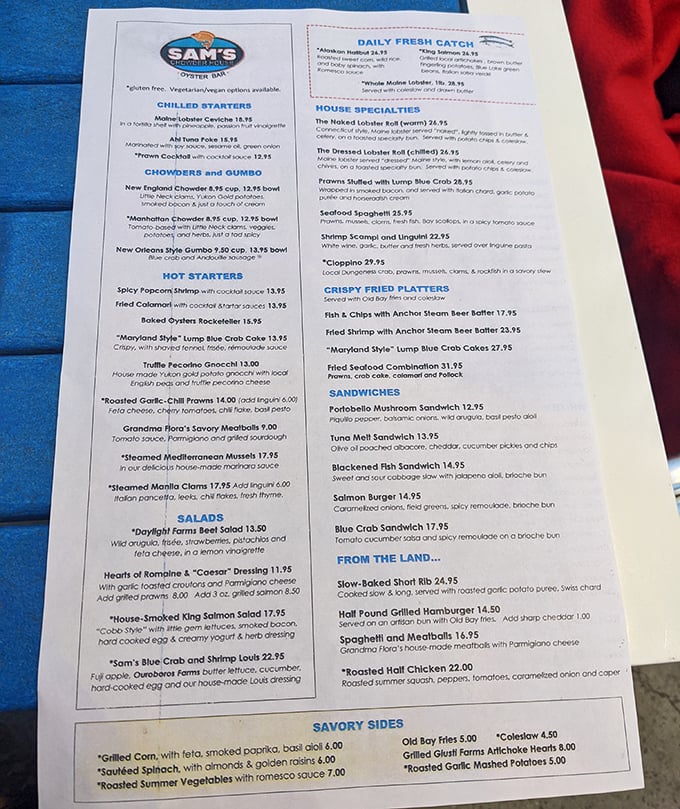 A menu that reads like poetry to seafood lovers—each item promising ocean-fresh delights from chowder to cioppino.
