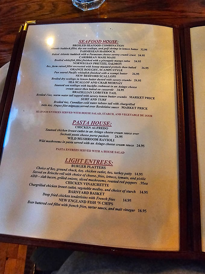 This isn't just a menu—it's a roadmap to happiness. The seafood section alone could make Neptune himself abandon his underwater kingdom.